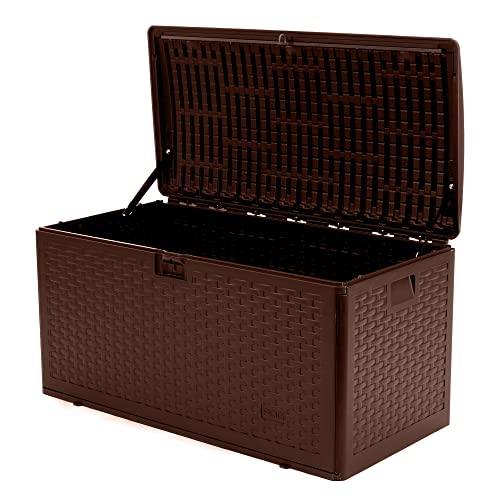 Plastic Development Group Multipurpose 73 Gallon Resin Outdoor Backyard Patio Storage Deck Box Container with Soft Close Lid, Java Brown