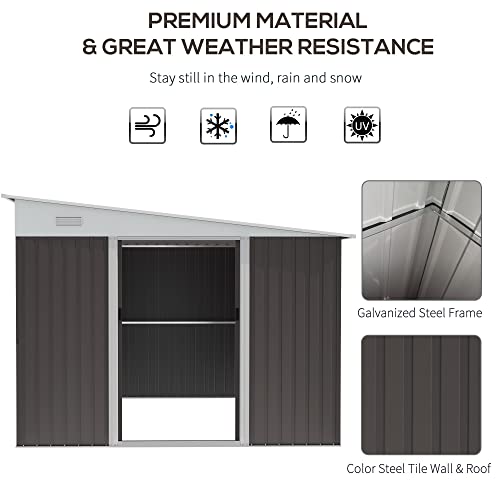 Outsunny 11' x 9' Steel Garden Storage Shed Outdoor Metal Lean to Tool House with Double Sliding Lockable Doors & 2 Air Vents, Grey