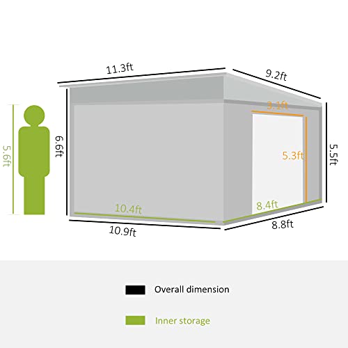 Outsunny 11' x 9' Steel Garden Storage Shed Outdoor Metal Lean to Tool House with Double Sliding Lockable Doors & 2 Air Vents, Grey