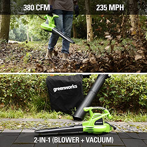 Greenworks 12 Amp 235MPH Variable Speed Corded Blower/Vac includes Metal Repeller, 24072