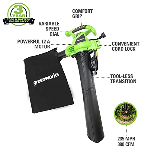 Greenworks 12 Amp 235MPH Variable Speed Corded Blower/Vac includes Metal Repeller, 24072