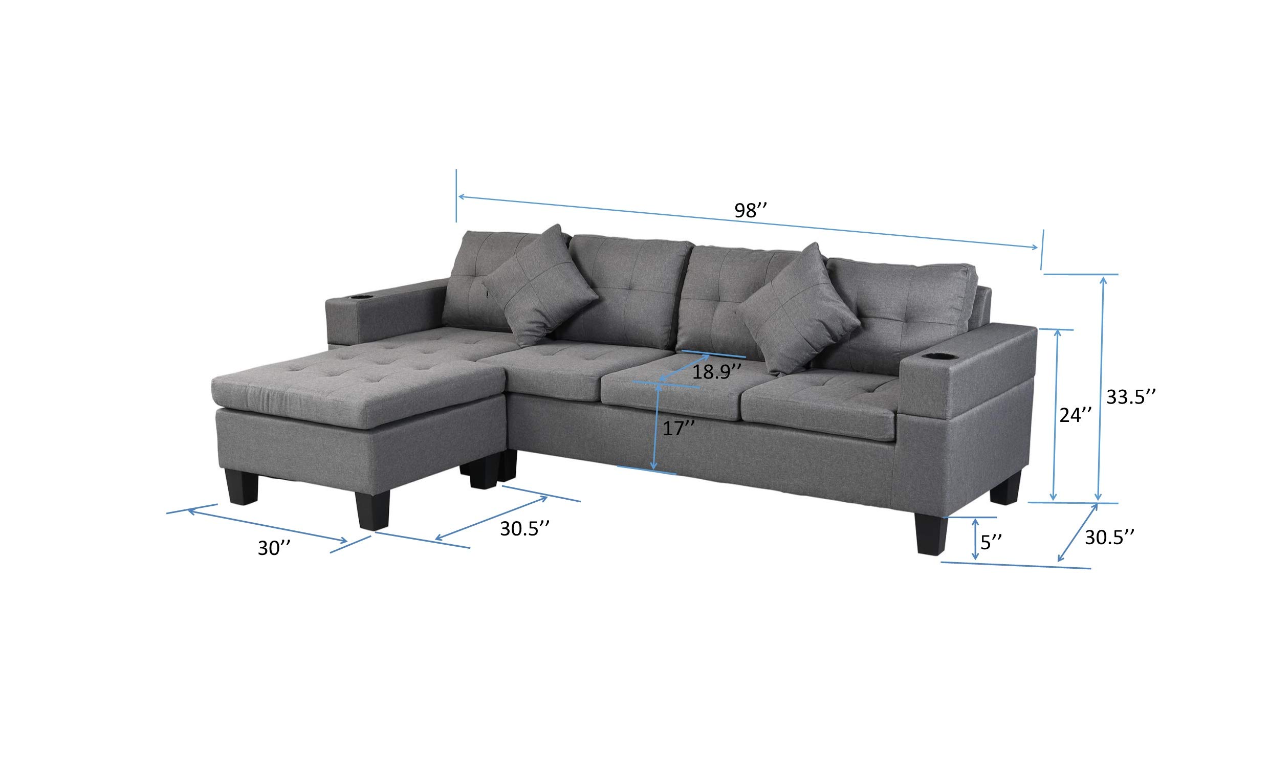 Tiophome Sectional Sofa Set for Living Room with L Shape Lounge, Cup Holder and Left or Right Hand Chaise Modern 4 Seat-Gray Linen Fabric