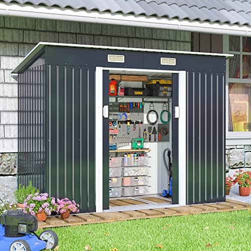 JAXPETY Garden 4.2' x 9.1' Storage Shed, Galvanized Steel Outdoor Storage Shed with Four Vents and Lockable Door, Outdoor Backyard Storage for Lawn Mover, Bike, Garbage Can, Tools