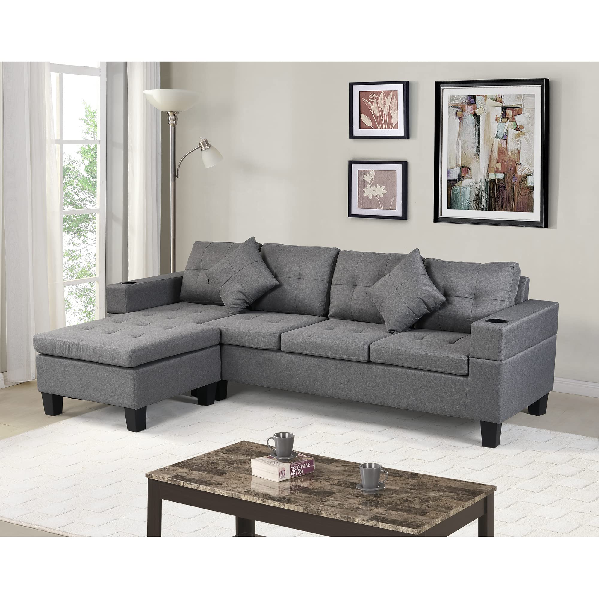 Tiophome Sectional Sofa Set for Living Room with L Shape Lounge, Cup Holder and Left or Right Hand Chaise Modern 4 Seat-Gray Linen Fabric
