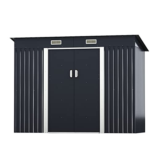 JAXPETY Garden 4.2' x 9.1' Storage Shed, Galvanized Steel Outdoor Storage Shed with Four Vents and Lockable Door, Outdoor Backyard Storage for Lawn Mover, Bike, Garbage Can, Tools