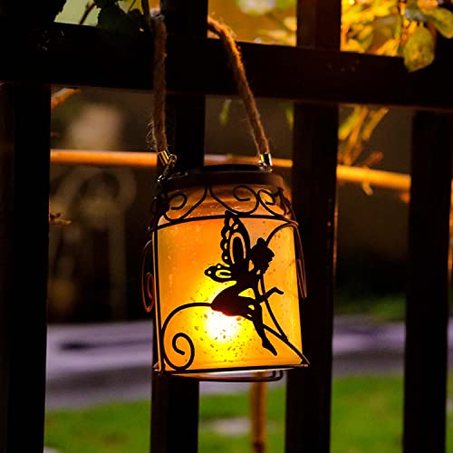 Ostritec Solar Lantern Outdoor, Flickering Flame Hanging Lantern, Waterproof Solar Fairy Lantern , Heavy Duty Retro Metal Frosted Glass Decor for Yard, Patio, Garden, Path, RV, Halloween Gift