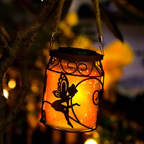 Ostritec Solar Lantern Outdoor, Flickering Flame Hanging Lantern, Waterproof Solar Fairy Lantern , Heavy Duty Retro Metal Frosted Glass Decor for Yard, Patio, Garden, Path, RV, Halloween Gift