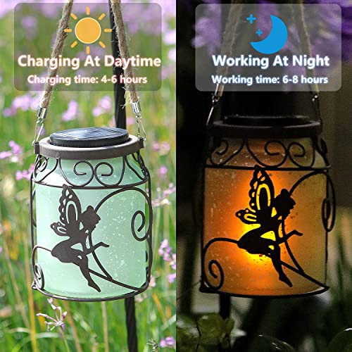 Ostritec Solar Lantern Outdoor, Flickering Flame Hanging Lantern, Waterproof Solar Fairy Lantern , Heavy Duty Retro Metal Frosted Glass Decor for Yard, Patio, Garden, Path, RV, Halloween Gift