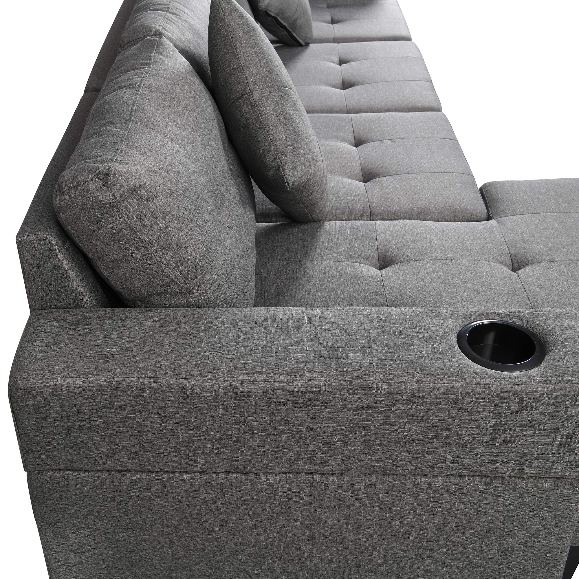 Tiophome Sectional Sofa Set for Living Room with L Shape Lounge, Cup Holder and Left or Right Hand Chaise Modern 4 Seat-Gray Linen Fabric