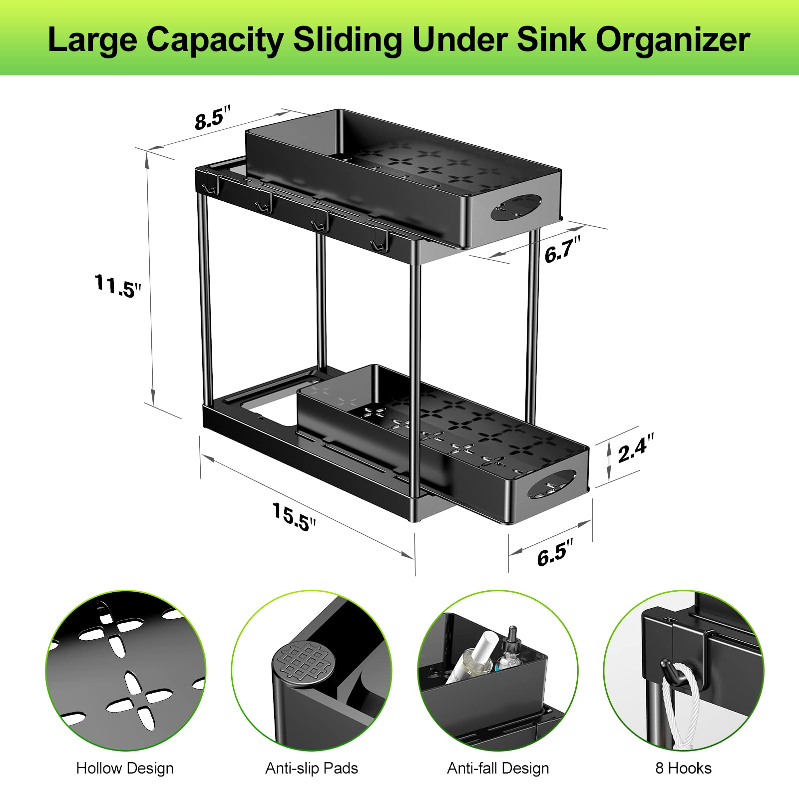 Under Sink Organizer and Storage, 2 Tier Under Sink Organizer with Sliding Pull Out Drawer for Kitchen Bathroom Cabinet Shelf Basket with 8 Hooks (2 Pack)