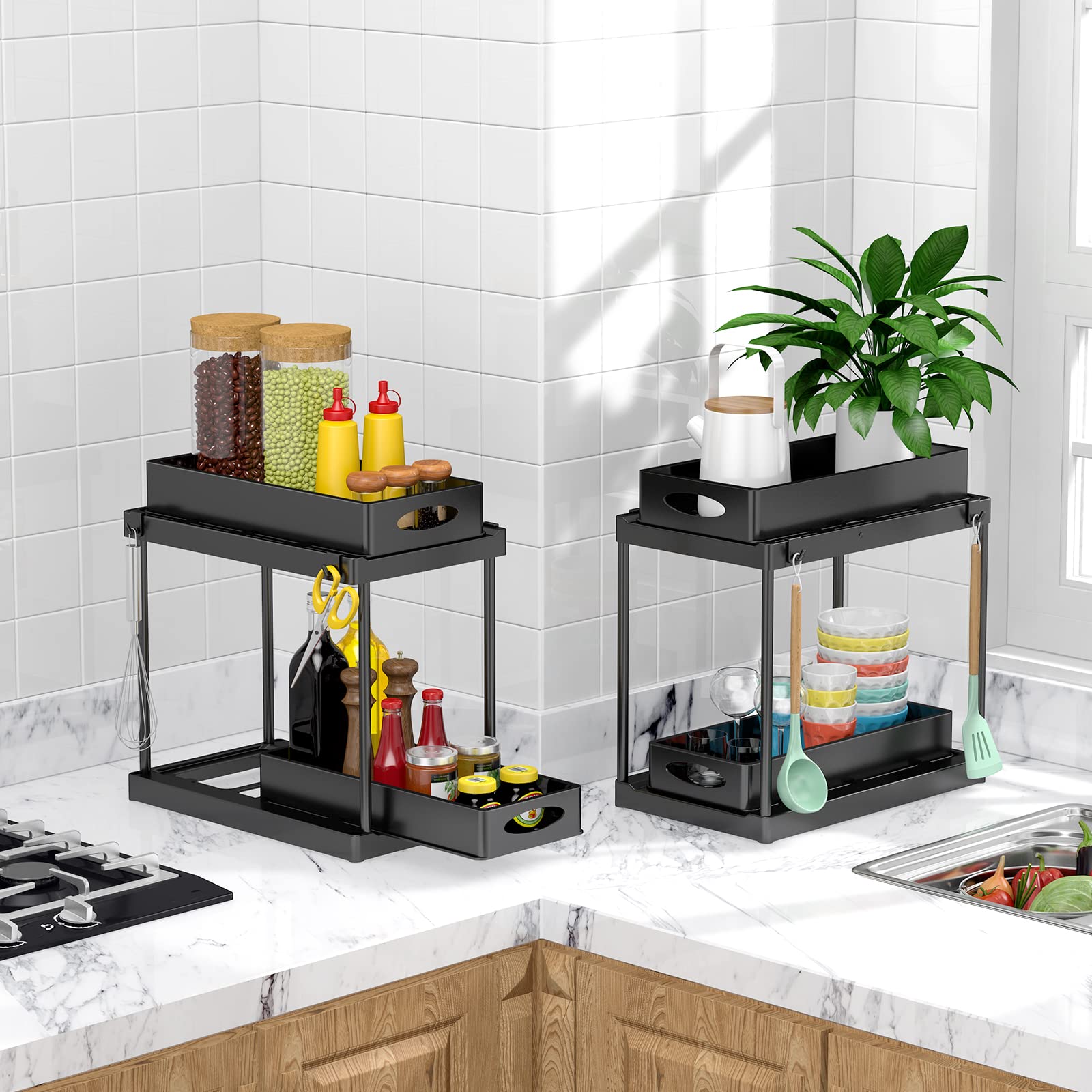 Under Sink Organizer and Storage, 2 Tier Under Sink Organizer with Sliding Pull Out Drawer for Kitchen Bathroom Cabinet Shelf Basket with 8 Hooks (2 Pack)
