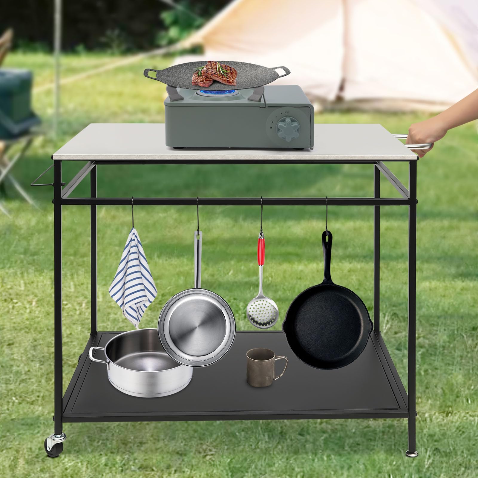 Gagalayong Double-Shelf Movable Outdoor Grill Cart Pizza Oven Stand, Multifunctional Kitchen Food Prep Table with Drawer, Black Solid Steel Dining Worktable on 4 Wheels & Seasoning Tray