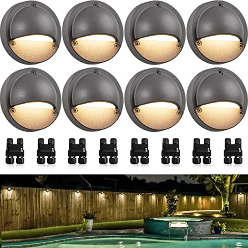 SUNVIE Low Voltage Deck Lights with Fastlock2 Wire Connector 5W LED Landscape Step Stair Lights Outdoor Accent Lighting Garden Post Fence Light 3000K 12-24V AC/DC 3.2FT ETL Listed Cord, 8 Pack