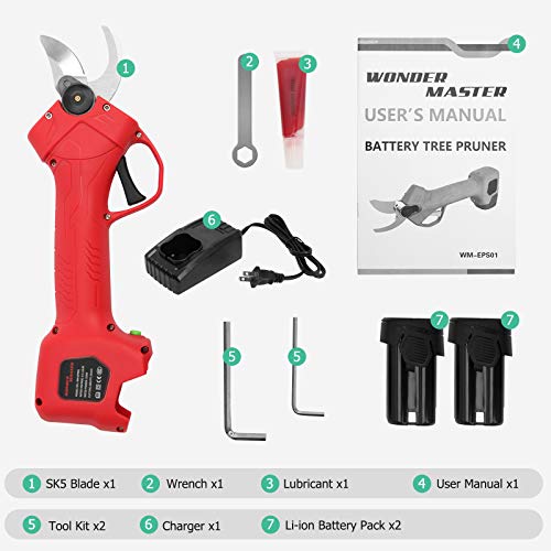 WONDER MASTER Cordless Pruning Shears with 2 Pcs Rechargeable 2Ah Lithium Battery Powered Electric Pruning Shears Professional Electric Pruner, 1 Inch Cutting Diameter, 6-8 Working Hours（Red）