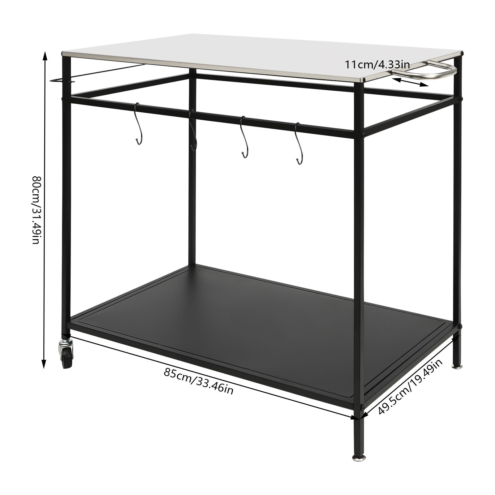Gagalayong Double-Shelf Movable Outdoor Grill Cart Pizza Oven Stand, Multifunctional Kitchen Food Prep Table with Drawer, Black Solid Steel Dining Worktable on 4 Wheels & Seasoning Tray