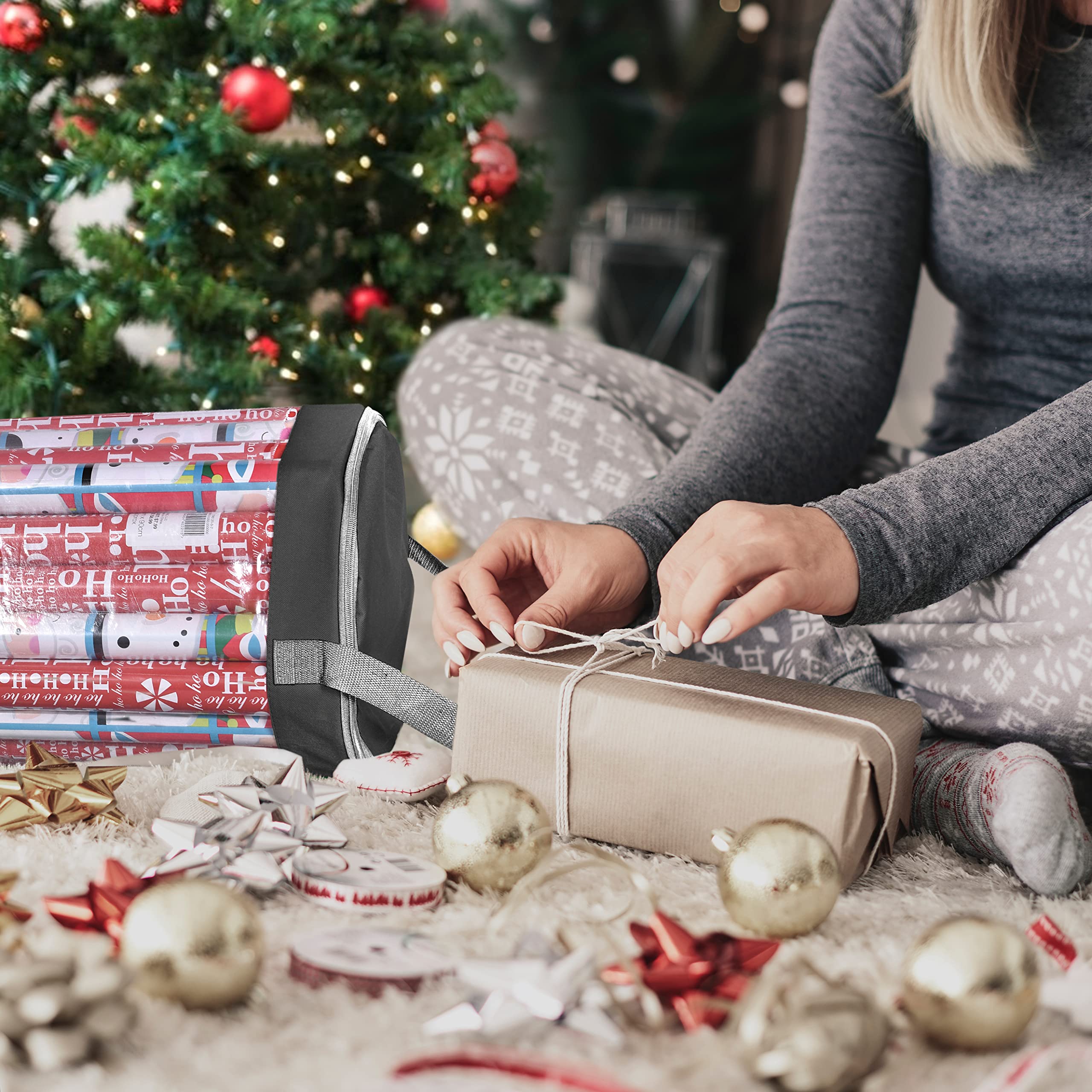 Primode Wrapping Paper Storage Bag | Wrapping Paper Organizer Under Bed for Storing Multiple Rolls of Gift Wrap, 42β Length Container Constructed of Durable 600D Oxford Material (Black)