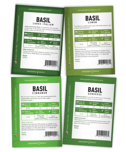 Basil Seeds for Planting Home Garden - 8 Variety Herb Pack Genovese, Large Leaf, Lemon, Thai, Red Rubin, Cinnamon, Sweet and Purple Opal Basil Herb Seeds for Indoors & Outdoors by Gardeners Basics