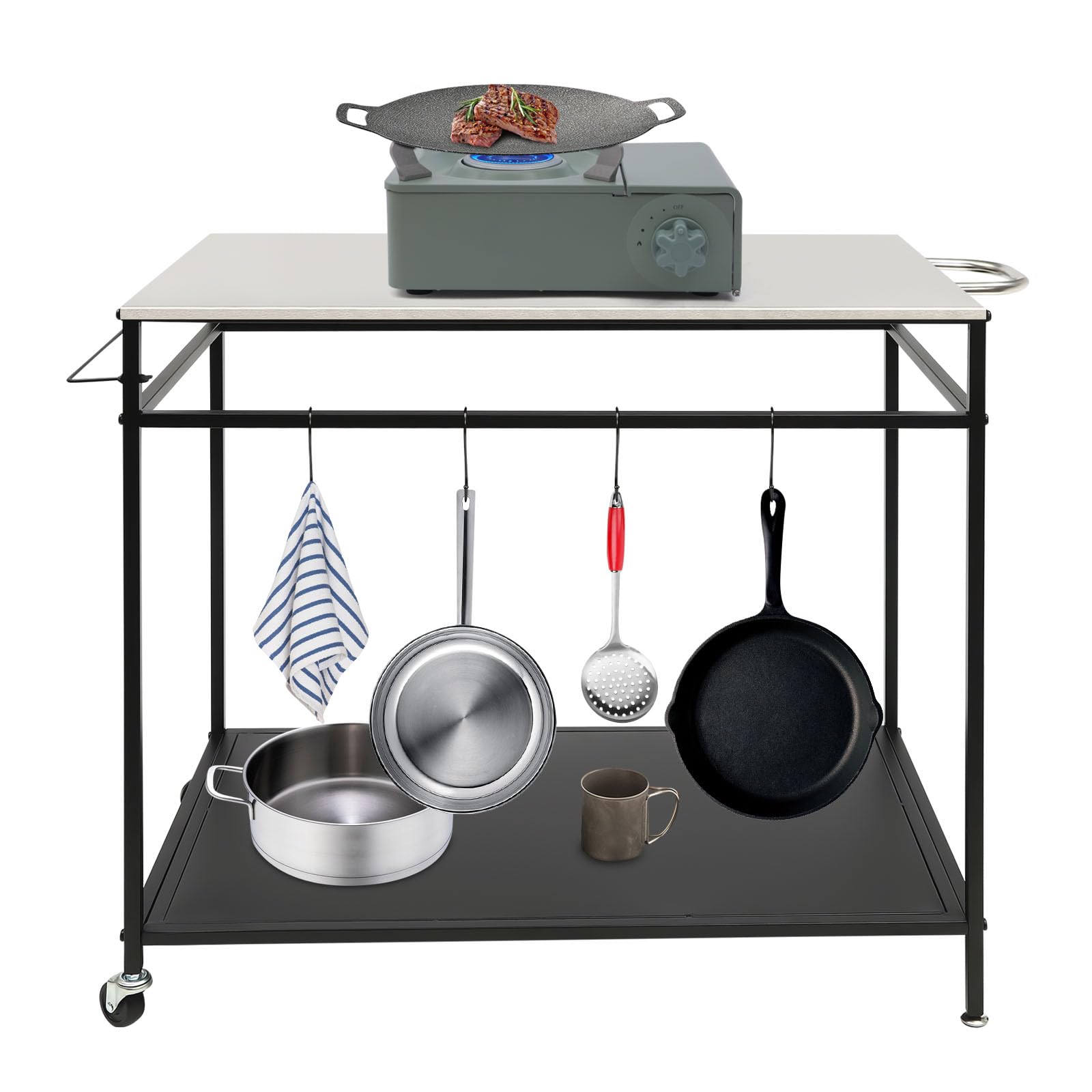 Gagalayong Double-Shelf Movable Outdoor Grill Cart Pizza Oven Stand, Multifunctional Kitchen Food Prep Table with Drawer, Black Solid Steel Dining Worktable on 4 Wheels & Seasoning Tray