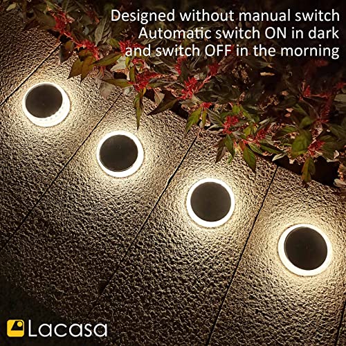 Lacasa Solar Deck Lights, 4 Pack 30LM Outdoor Solar Powered Step Lights, LED Dock Lights Natural White 4000K Light up All Night IP68 Waterproof Auto ON/Off for Garden Stairs Driveway Pathway Lighting