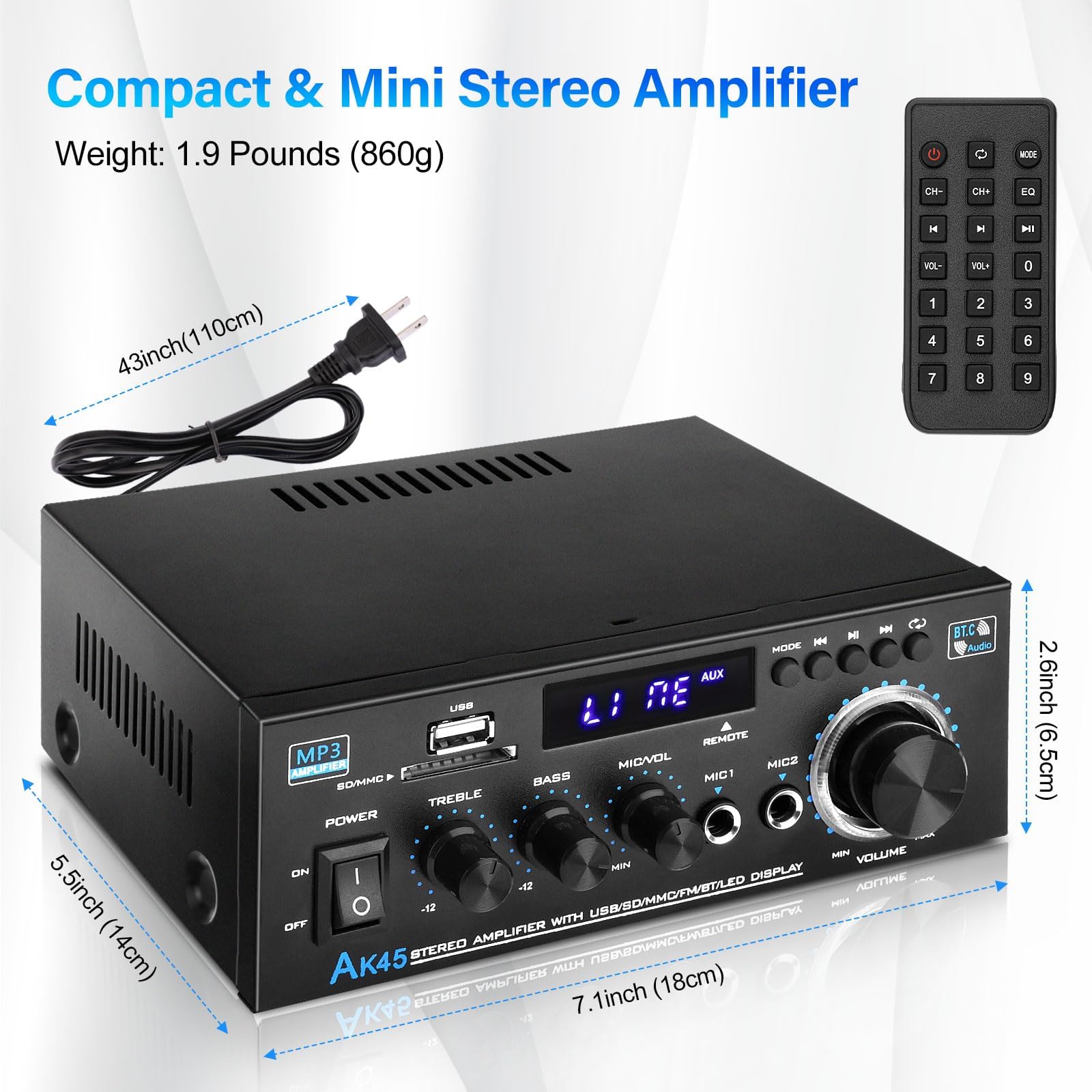 AK45 Home Audio Power Amplifier with Bluetooth, 100Wx2 Audio Stereo Receiver, Home Amplifiers w/FM Radio USB, AUX, RCA, SD for Home Theater Speakers Audio Stereo, Studio