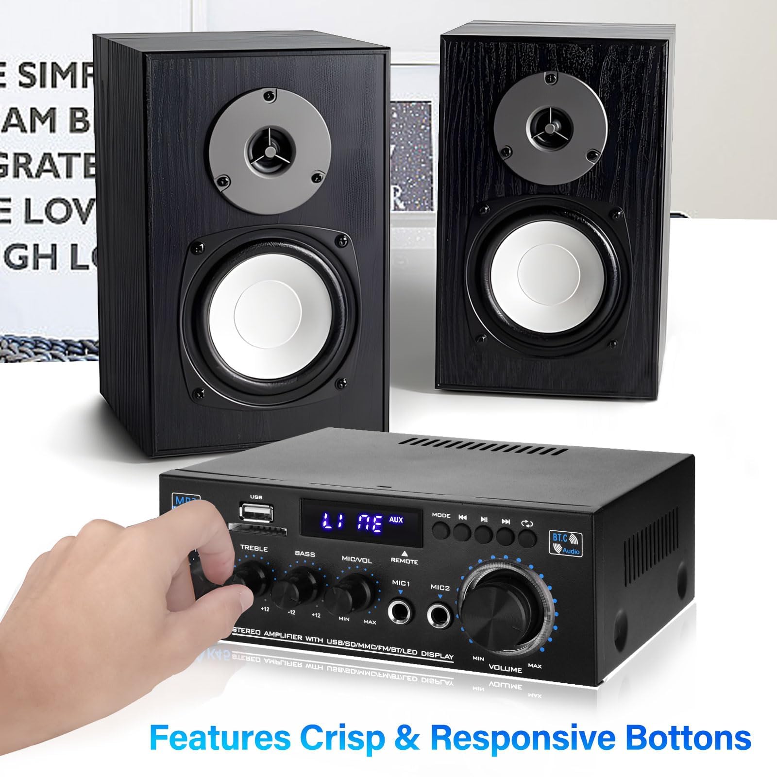 AK45 Home Audio Power Amplifier with Bluetooth, 100Wx2 Audio Stereo Receiver, Home Amplifiers w/FM Radio USB, AUX, RCA, SD for Home Theater Speakers Audio Stereo, Studio