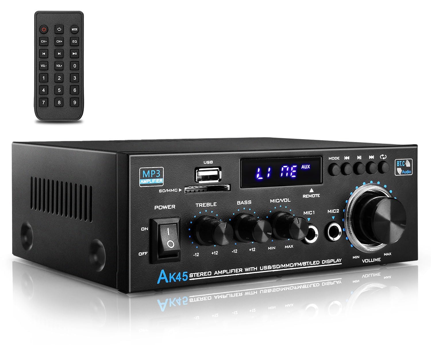 AK45 Home Audio Power Amplifier with Bluetooth, 100Wx2 Audio Stereo Receiver, Home Amplifiers w/FM Radio USB, AUX, RCA, SD for Home Theater Speakers Audio Stereo, Studio