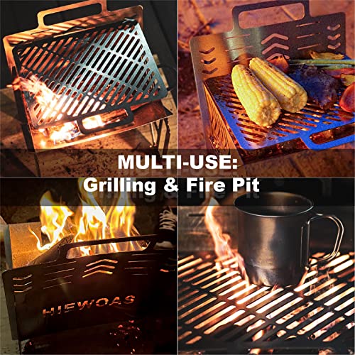HIEWOAS Portable Fire Pit with BBQ Grill, 304 Stainless Steel Campfire Grill, Camping Firepit Charcoal Grill Outdoor Bon Fire Wood for Car Camping Patio Garden Backyard