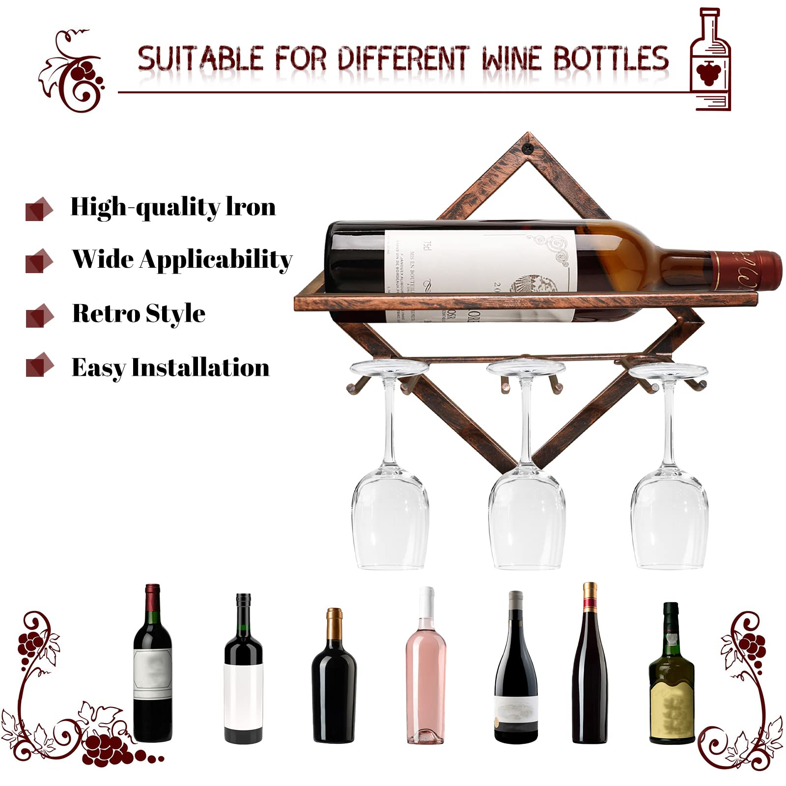 2Pcs Metal Wall Mounted Wine Holder Stemware Glass Rack, Collapsible Hanging Red Wine Racks Organizer with 3 Stem Glass Holders, Wine Bottle Display Hanger for Home Kitchen Bar Decor