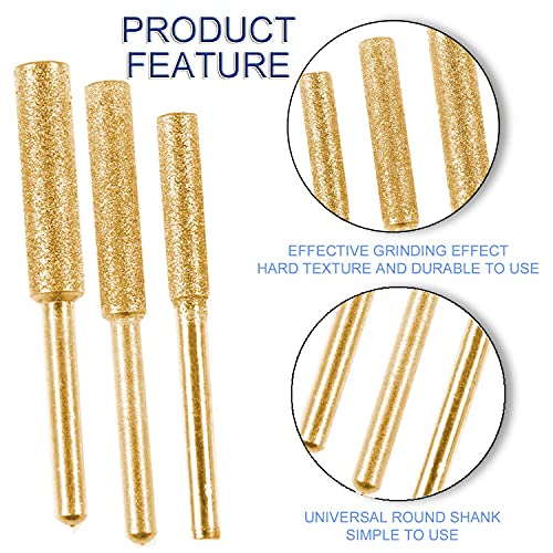 Burr Grinding Stone File - 6Pcs 3mm 5/32" 3/16" 7/32" Shank Diamond Chainsaw Sharpener Rotary Bit Set Polishing Sharpening Garden Tool for Lawn Mower Chainsaw Parts Garden,120-150 Grit,Gold (Gold)