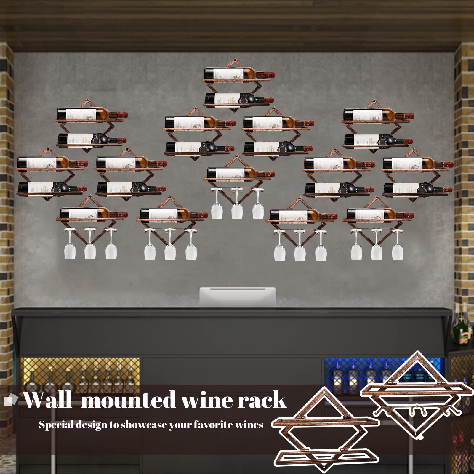 2Pcs Metal Wall Mounted Wine Holder Stemware Glass Rack, Collapsible Hanging Red Wine Racks Organizer with 3 Stem Glass Holders, Wine Bottle Display Hanger for Home Kitchen Bar Decor