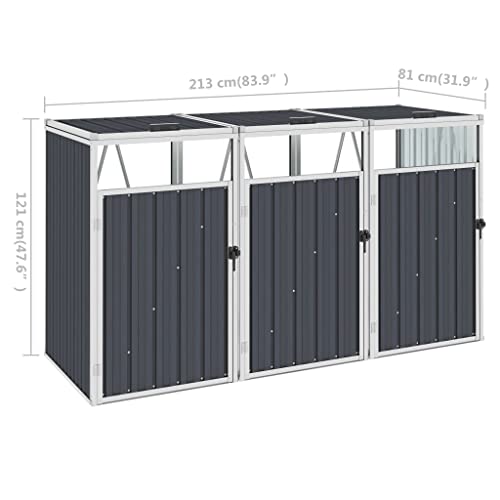 GOLINPEILO Triple Garbage Bin Shed Steel Storage Shed with Individually Lifting Lids for Backyard Outdoor Patio Garden Porch 83.9"x31.9"x47.6" Anthracite