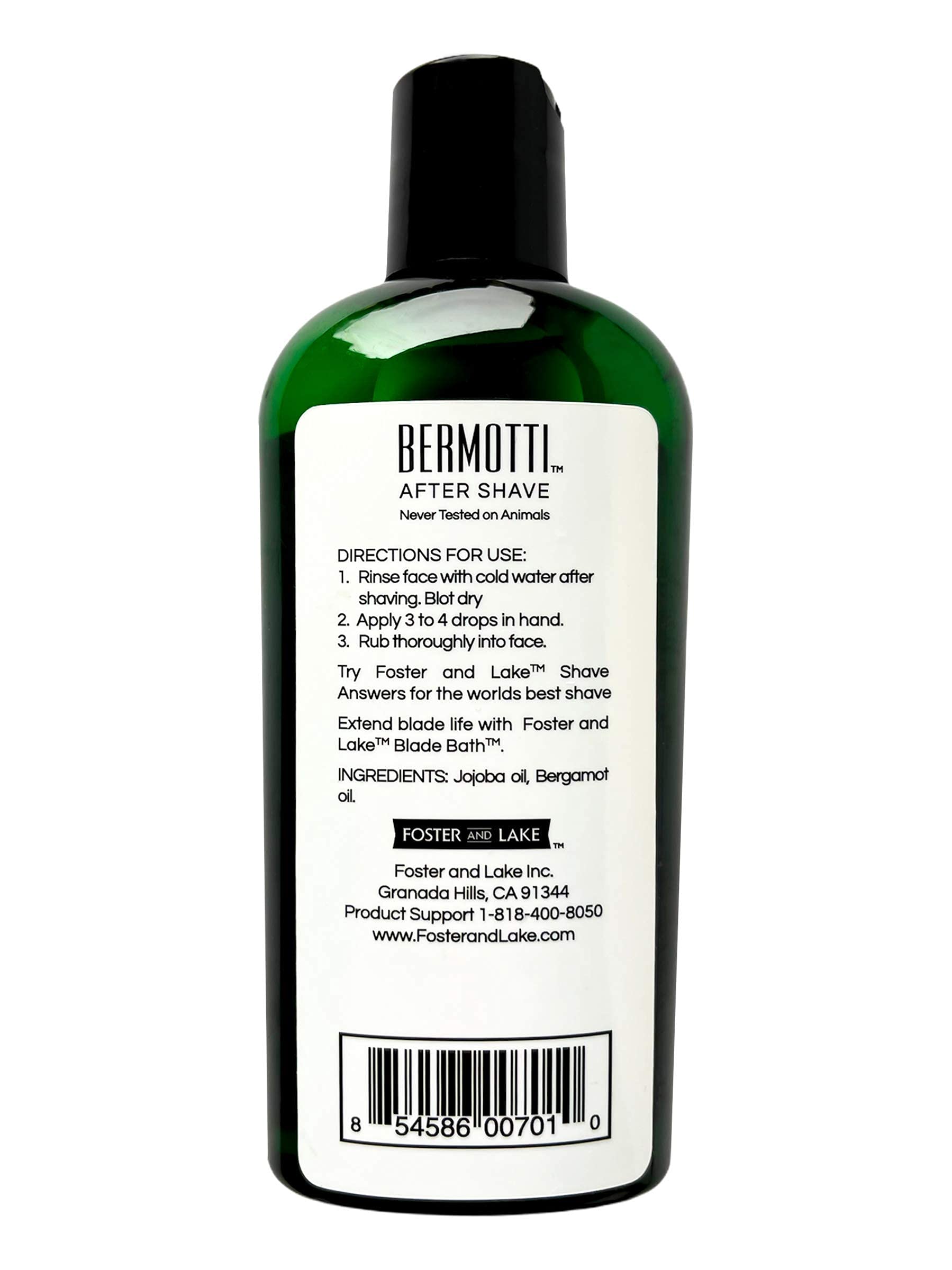 Foster and Lake, BERMOTTI No Burn Best Aftershave Balm, 4 fl. oz.- Natural Non Alcohol, Bergamot Scent, Skin Moisturizer Lotion for Head or Face