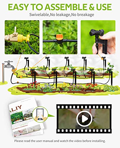 HIRALIY 65.6FT/20M Plant Watering System, Drip Irrigation Kit for Plant, 1/4" Blank Distribution Tubing and 4-outlets Watering Misting Nozzles, Automatic Irrigation Equipment Set for Patio Lawn