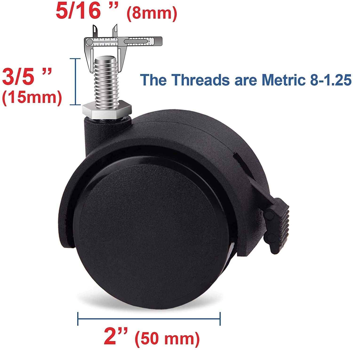 MONOMI 4 Pack 1.5 Inch Nylon Plastic Replacement Caster Swivel Furniture Wheels Floor Protecting Office Chair Swivel Caster Threaded Stem with Brake Black