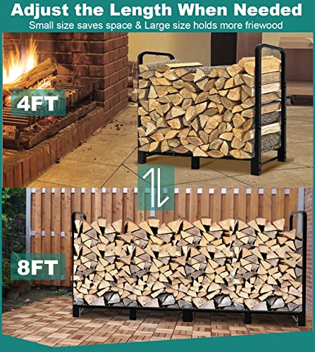 Fandature 8Ft Firewood Rack Adjustable Fireplace Wood Holder For Outdoor Indoor Storage Log-Heavy Duty Fire Log Lumber Stand Stacker, Black