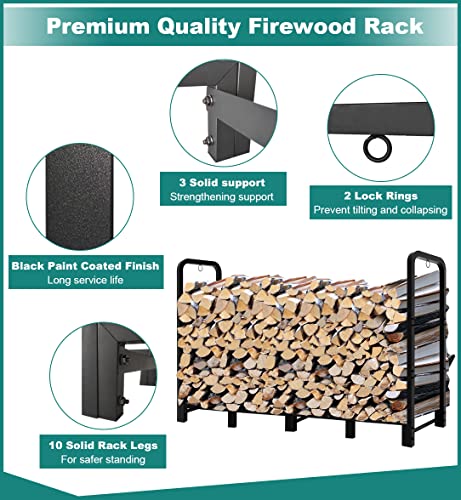 Fandature 8Ft Firewood Rack Adjustable Fireplace Wood Holder For Outdoor Indoor Storage Log-Heavy Duty Fire Log Lumber Stand Stacker, Black