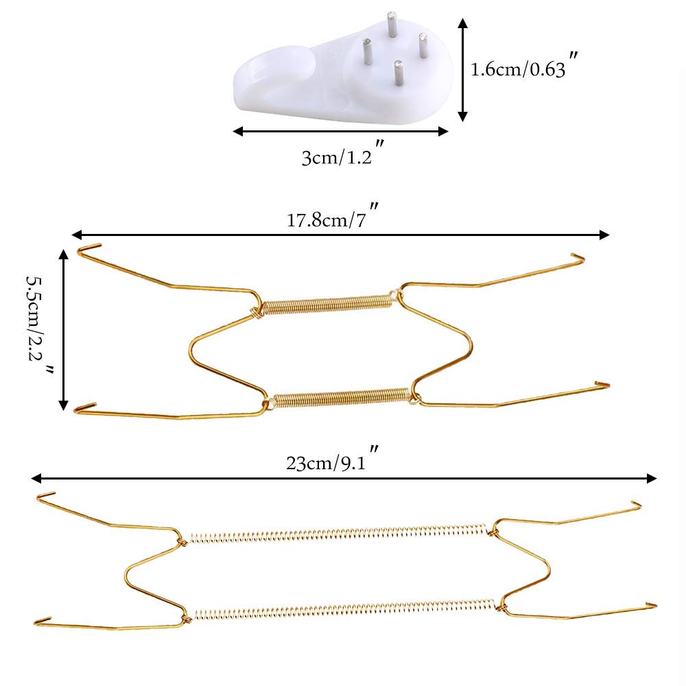 ManYee 10 Pack Plate Hangers Invisible Wall Plate Hangers Stainless Steel Plate Hangers for The Wall and 12 Pack Wall Hooks Compatible 7.5 to 9 Inch for Decorative Plates Art Wall Brass Coated