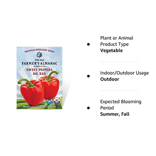 The Old Farmer's Almanac Heirloom Sweet Pepper Seeds (Big Red) - Approx 30 Seeds - Non-GMO, Open Pollinated, USA Origin