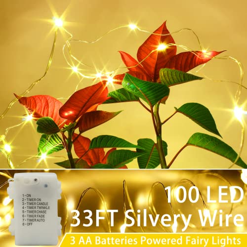 100 LED Fairy String Lights Battery Operated 8 Modes with 4 Timer Remote 33ft Silver Copper Wire Twinkle Starry Firefly Lights for Bedroom Patio Garden Christmas Wedding Decor(2 Pack Warm White)