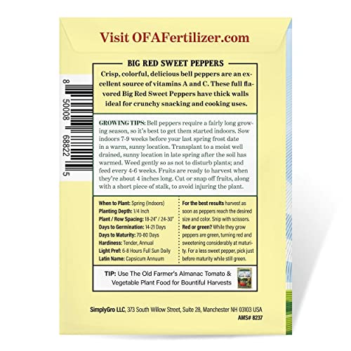 The Old Farmer's Almanac Heirloom Sweet Pepper Seeds (Big Red) - Approx 30 Seeds - Non-GMO, Open Pollinated, USA Origin
