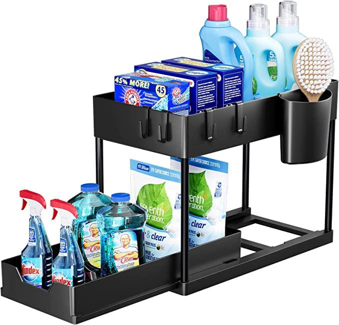 Under Sink Organizer-2 Tier Bathroom Organizer Under Sink Shelf,Under Sliding Sink Organizer,Under Cabinet Organizer Baskets,Multi-purpose Under Sink Shelf Organizer for Bathroom Kitchen(Black)
