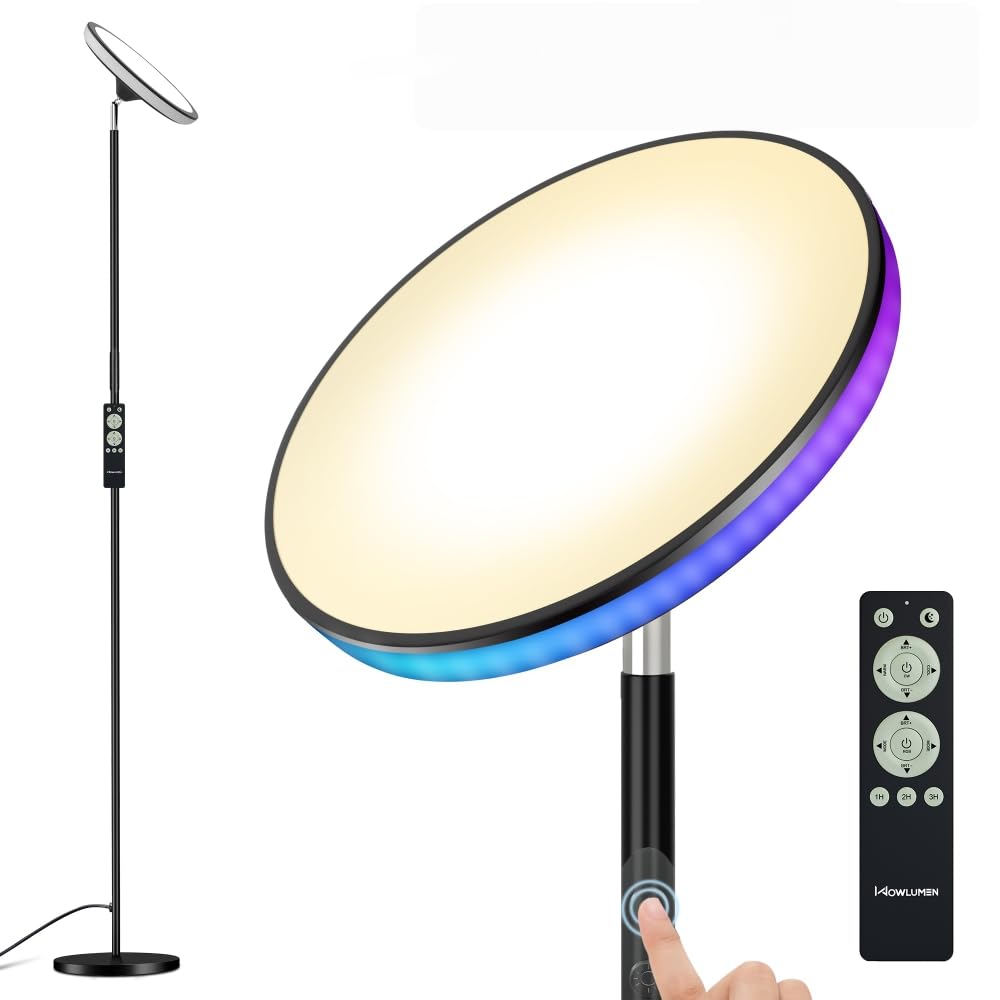 Floor Lamp,42W 3200LM Modern Torchiere Sky LED Lamps,Bright Tall Standing Pole Light with Remote,5 Color Temperatures Dimmable,Memory Function & 1/2/3H Timer for Living Room,Bedroom,Office-(Black)