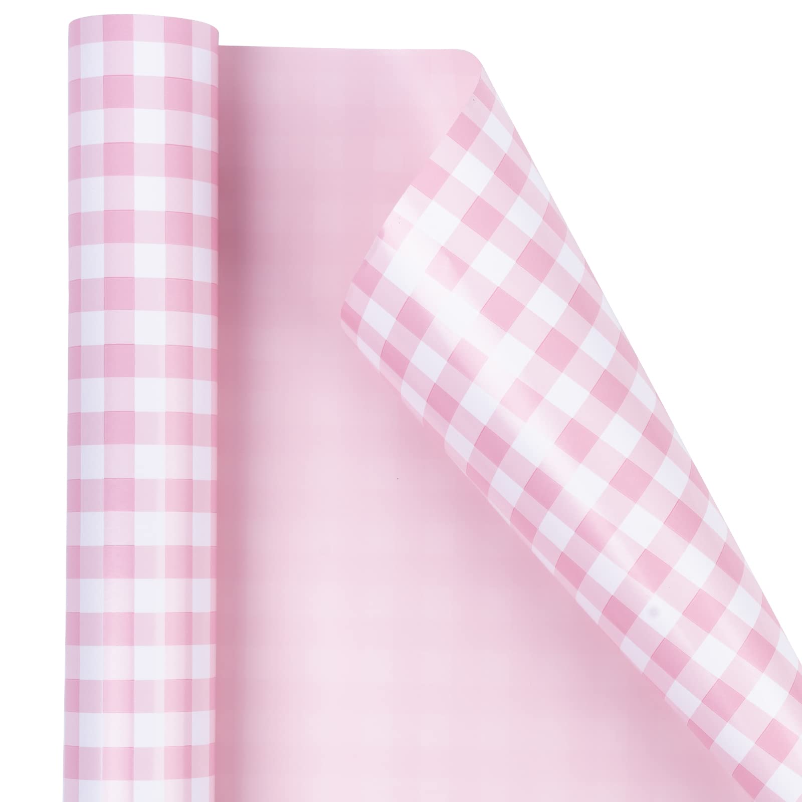 WRAPAHOLIC Reversible Wrapping Paper - Mini Roll - 17 Inch X 33 Feet - Pink and White Plaid Design for Birthday, Holiday, Wedding, Baby Shower