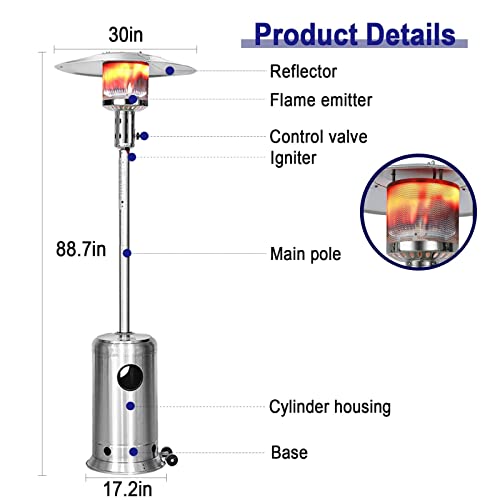PIONOUS 6 Set of Silver Powerful 48,000 BTU Outdoor Standing Patio Heater with Wheels for Restaurant, Camping, Gardens, Homes, Hotel, Parties