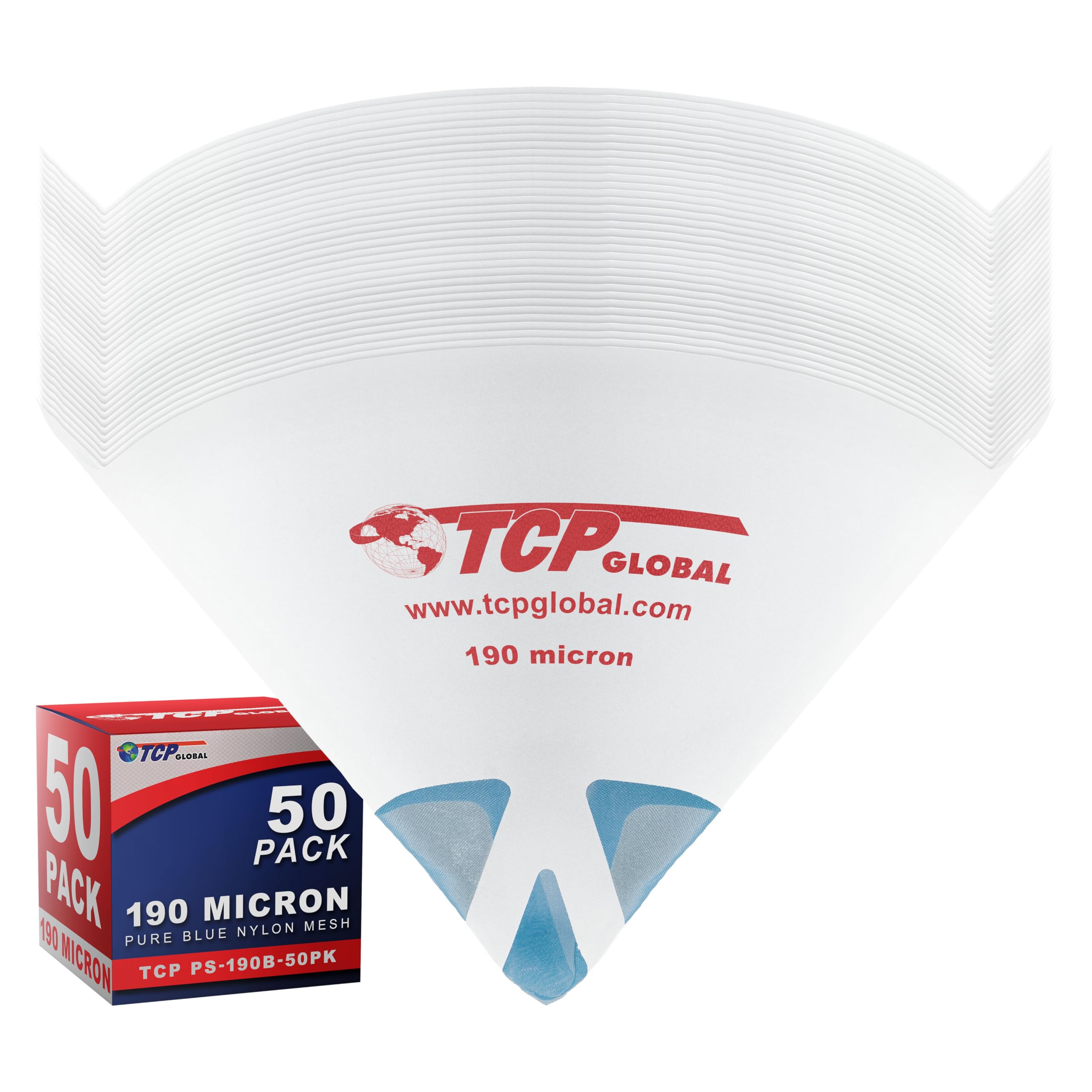 TCP Global 50 Pack of Paint Strainers with Fine 190 Micron Filter Tips - Premium "Pure Blue" Ultra-Flow Blue Nylon Mesh - Cone Paint Filter Screen