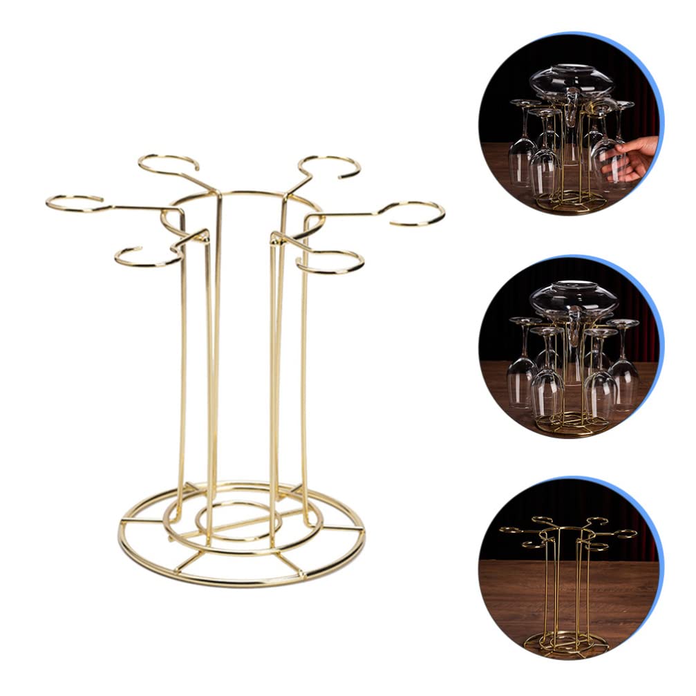 DOITOOL Wine Glass Holder Stand, Countertop Freestanding Stemware Drying Rack Vertical Wine Glass Display Storage Rack Tabletop Glass Display Hanger with 6 Hooks for Bar Kitchen Table, Gold