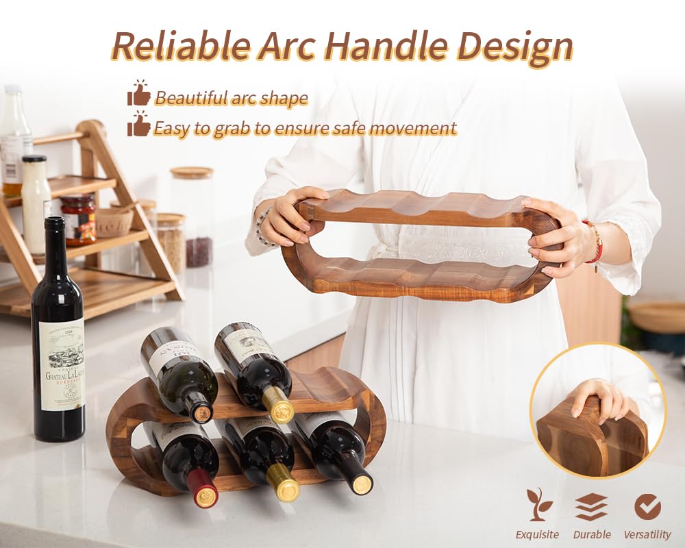 6-Bottles Wine Racks Countertop, 2-Tier 6-Slot Stackable Rustic Wooden Wine Cellar Racks, Solid Acacia Wood Wine Holder Storage Stand, Wine Bottles Display Shelf For Kitchen Tabletop Pantry Bars