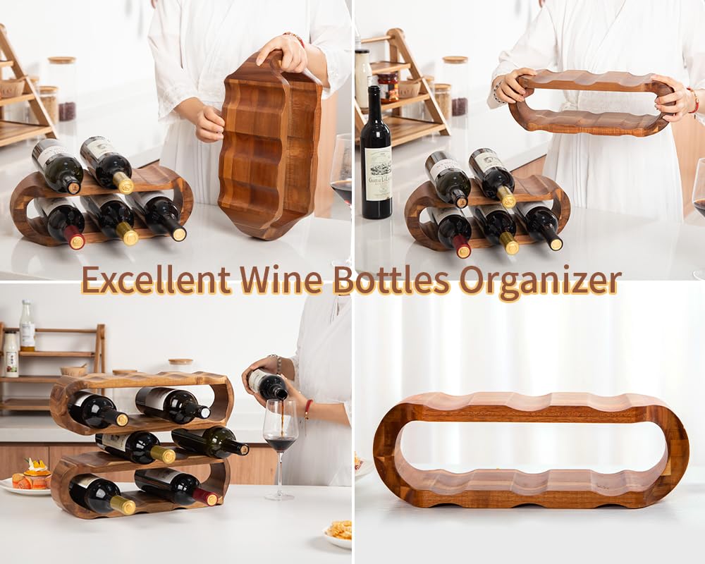 6-Bottles Wine Racks Countertop, 2-Tier 6-Slot Stackable Rustic Wooden Wine Cellar Racks, Solid Acacia Wood Wine Holder Storage Stand, Wine Bottles Display Shelf For Kitchen Tabletop Pantry Bars