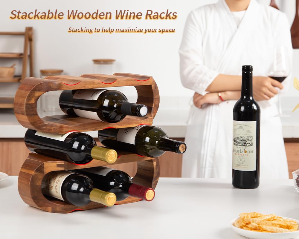 6-Bottles Wine Racks Countertop, 2-Tier 6-Slot Stackable Rustic Wooden Wine Cellar Racks, Solid Acacia Wood Wine Holder Storage Stand, Wine Bottles Display Shelf For Kitchen Tabletop Pantry Bars