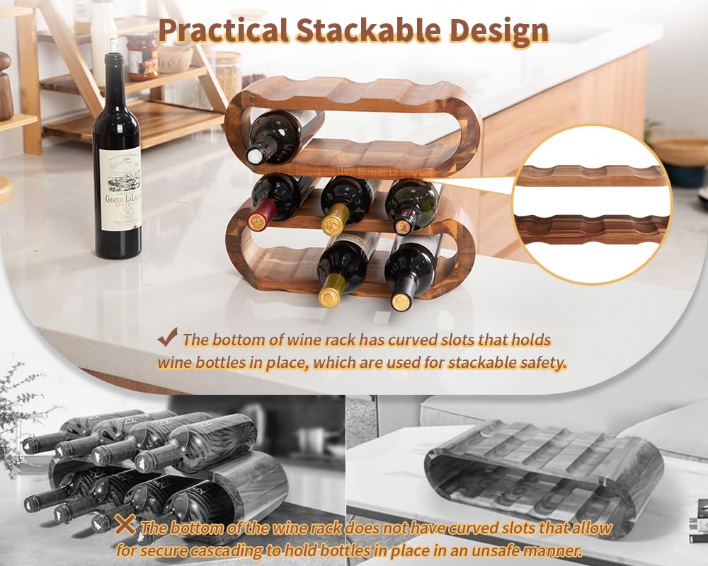 6-Bottles Wine Racks Countertop, 2-Tier 6-Slot Stackable Rustic Wooden Wine Cellar Racks, Solid Acacia Wood Wine Holder Storage Stand, Wine Bottles Display Shelf For Kitchen Tabletop Pantry Bars